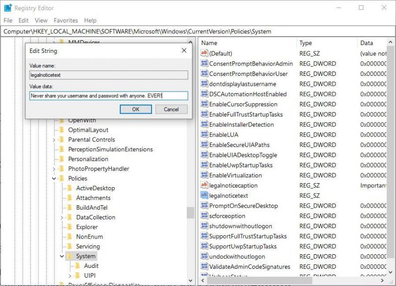 How to add a legal message to the Windows 10 login