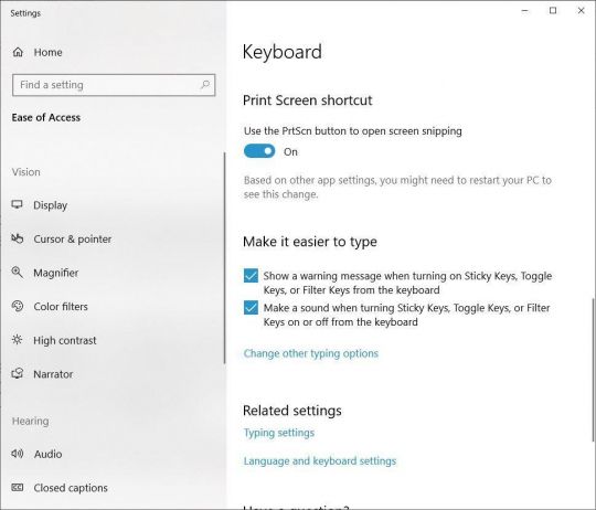 How to change settings so Windows 10 image snipping opens with print screen
