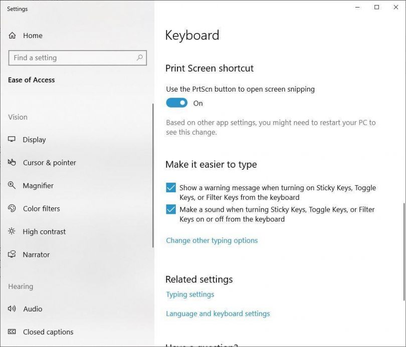 How to change settings so Windows 10 image snipping opens with print screen