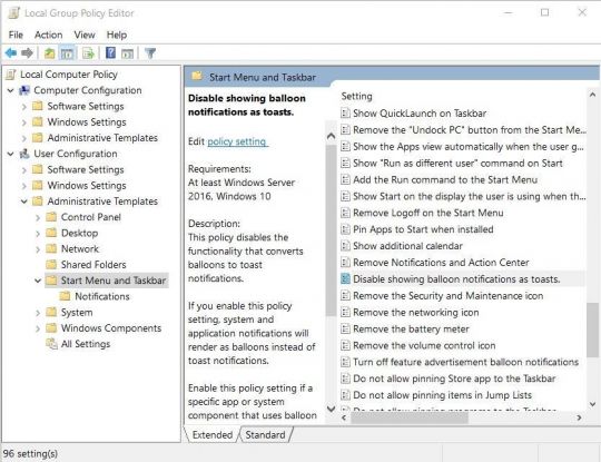How to change Windows 10 toast notifications into balloon notifications