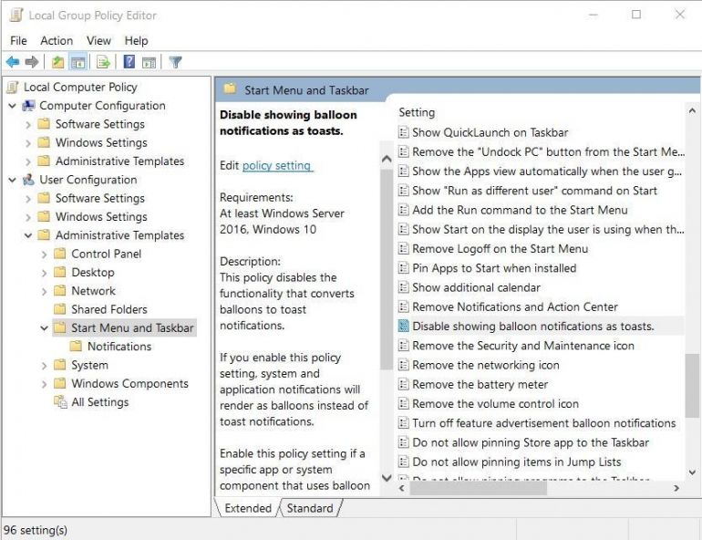 How to change Windows 10 toast notifications into balloon notifications