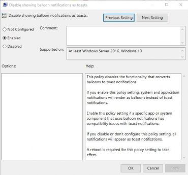 How to change Windows 10 toast notifications into balloon notifications