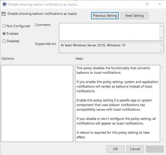 How to change Windows 10 toast notifications into balloon notifications
