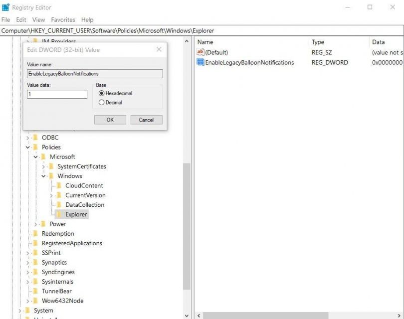 How to change Windows 10 toast notifications into balloon notifications