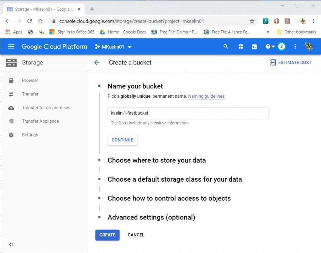 How to create a file storage bucket in Google Cloud Platform