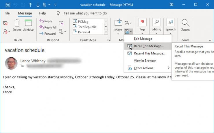 How to recall a message sent in Microsoft Outlook - TechRepublic
