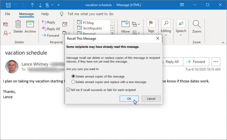 How to recall a message sent in Microsoft Outlook - TechRepublic