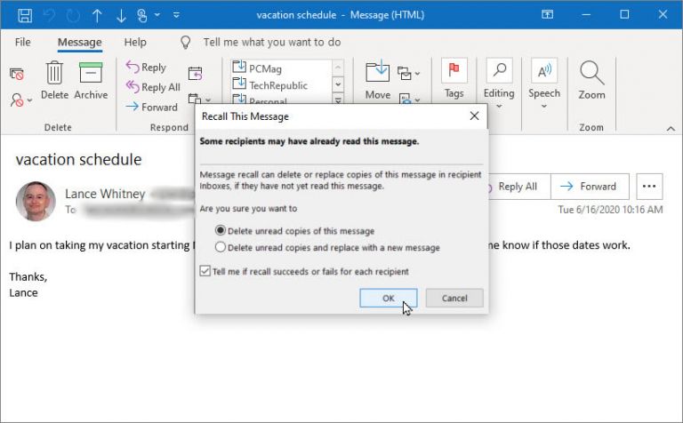 How to recall a message sent in Microsoft Outlook - TechRepublic