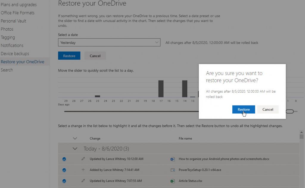 How to restore your OneDrive files to a previous time