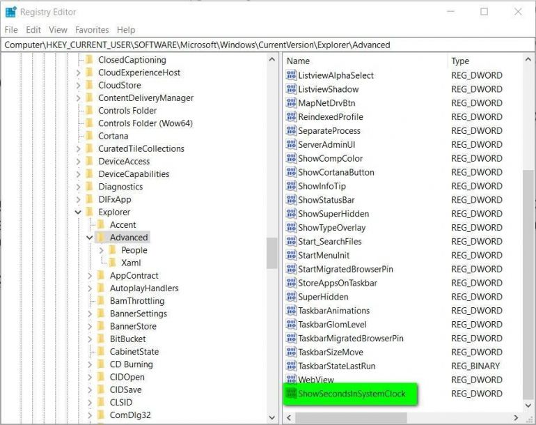 How to display seconds in the system clock in Windows 10