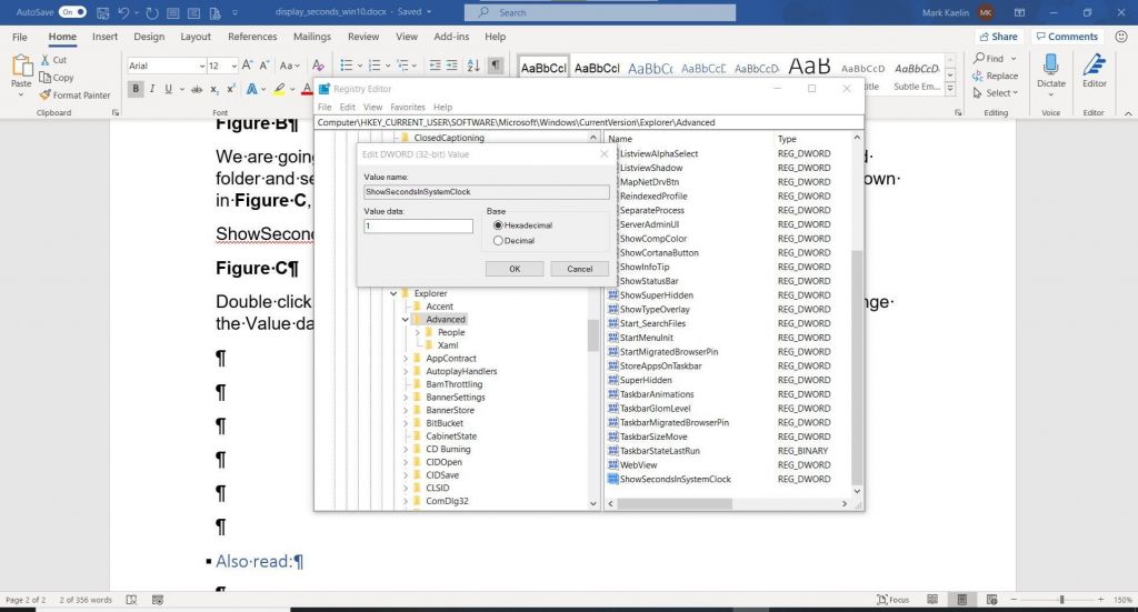 How to display seconds in the system clock in Windows 10
