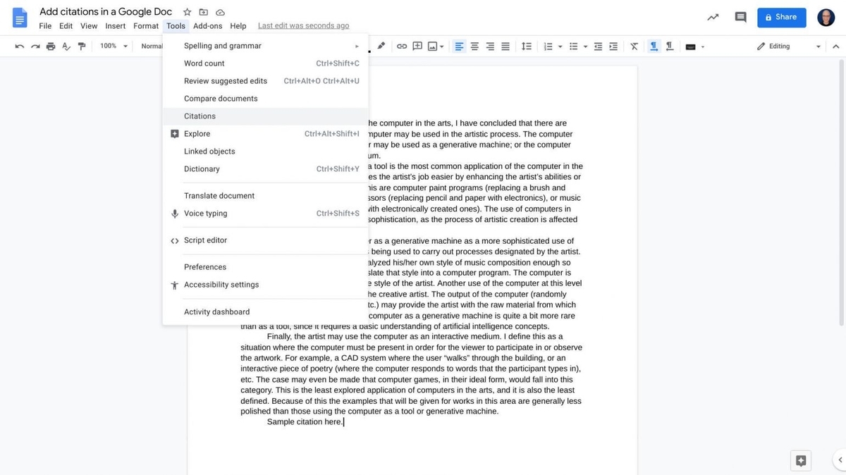 How to add citations in a Google Doc