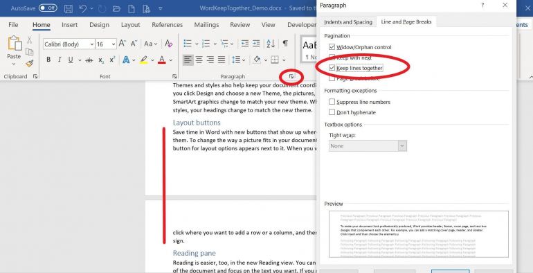 How to keep lines and paragraphs together on the same page in Word ...
