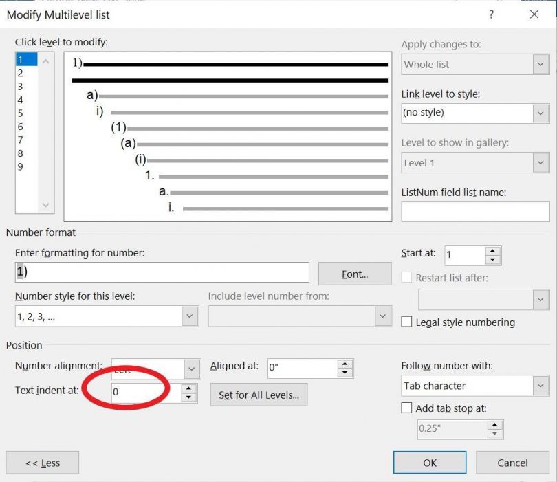 How to create a numbered list without the hanging indent in Word