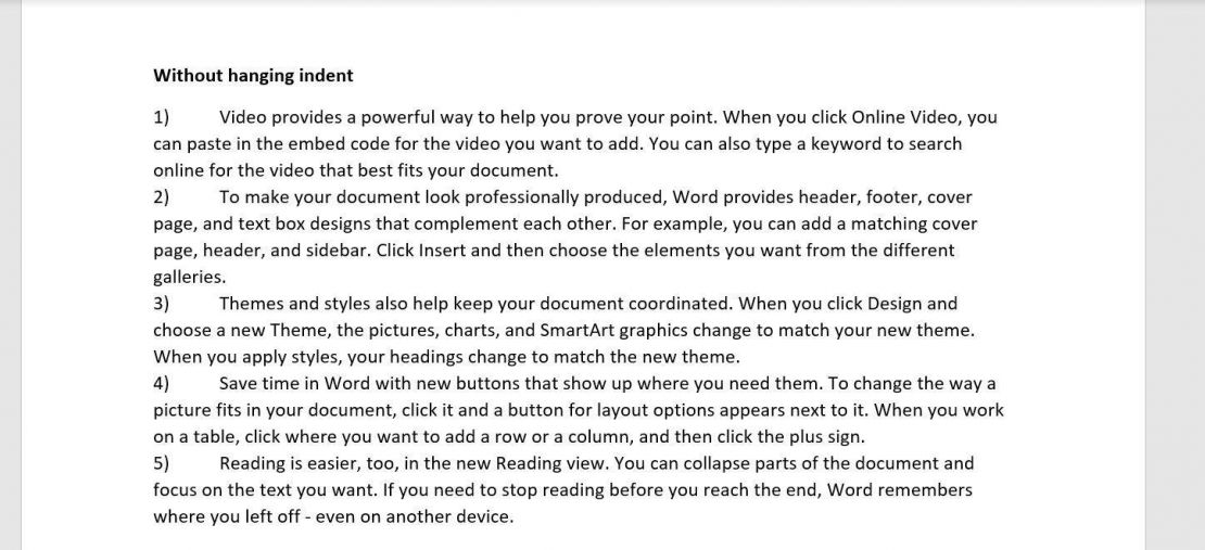 How to create a numbered list without the hanging indent in Word