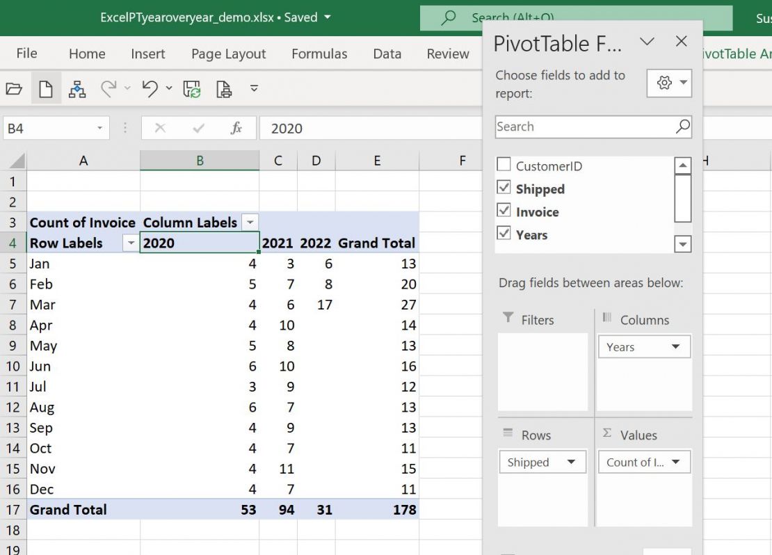How to create a YOY comparison chart using a PivotChart in Excel ...