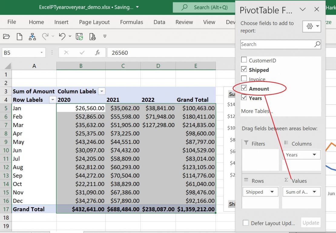 How to create a YOY comparison chart using a PivotChart in Excel ...
