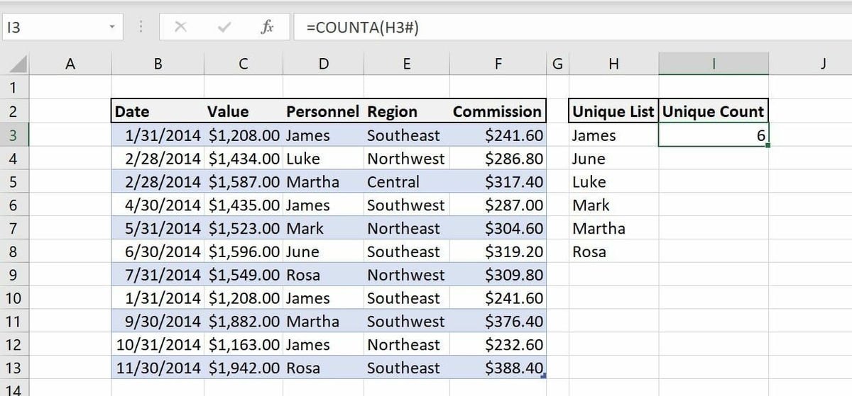 How to use the UNIQUE() function to return a count of unique values in ...