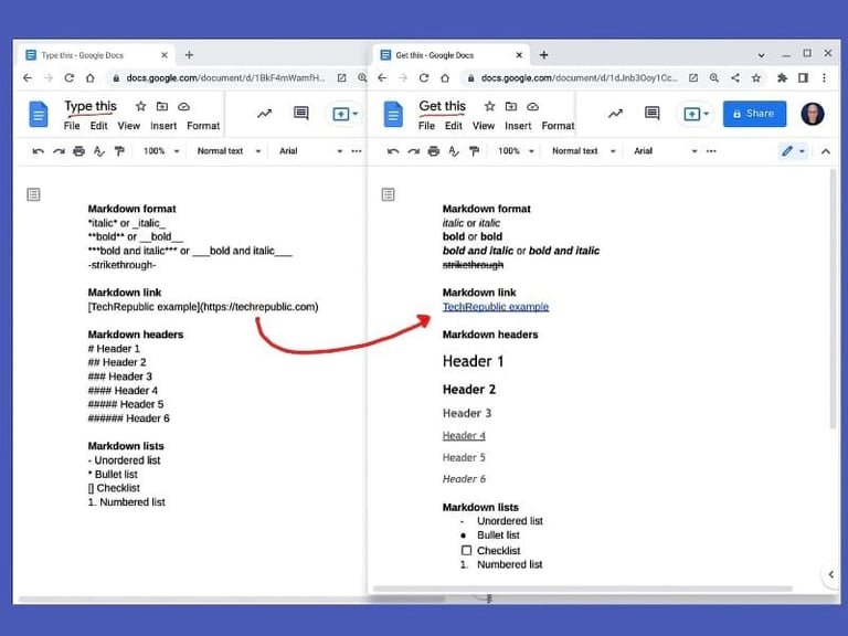 Google Docs interprets typed Markdown commands for simpler writing