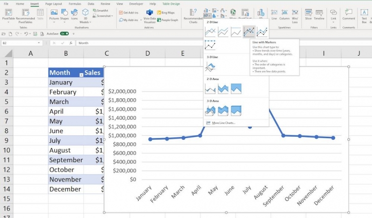 How to add a single vertical bar to a Microsoft Excel line chart ...