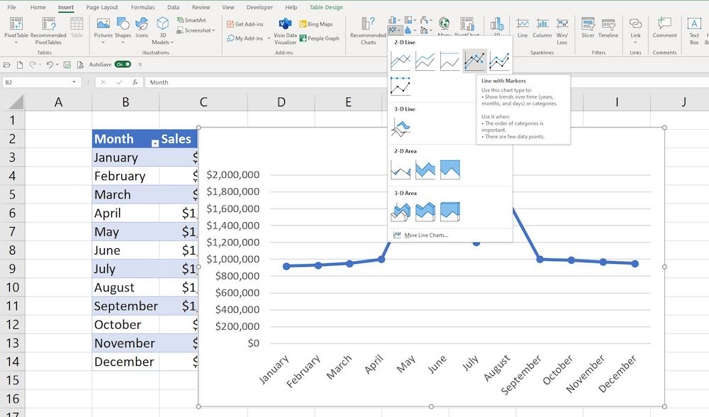 How to add a single vertical bar to a Microsoft Excel line chart ...