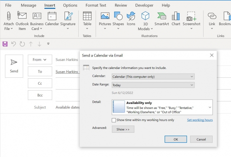 How to add your calendar to outgoing email in Microsoft Outlook