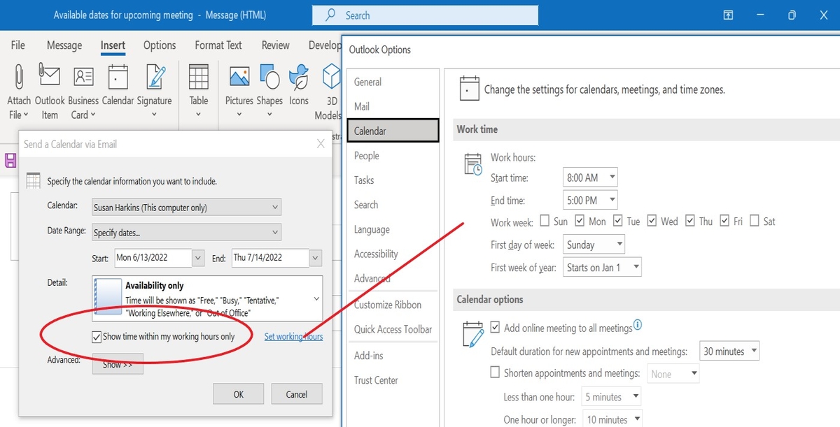 How to add your calendar to outgoing email in Microsoft Outlook