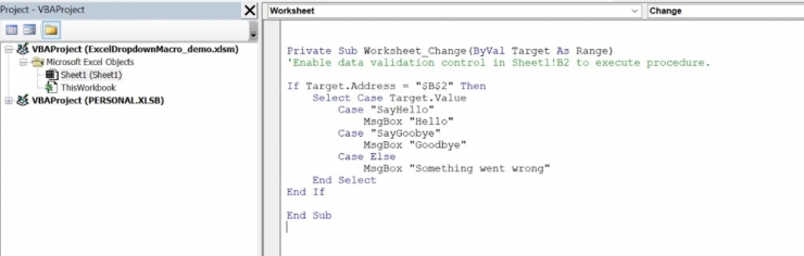 How to run a VBA procedure from a data validation control in Microsoft Excel