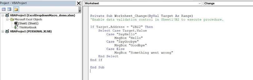 How to run a VBA procedure from a data validation control in Microsoft Excel