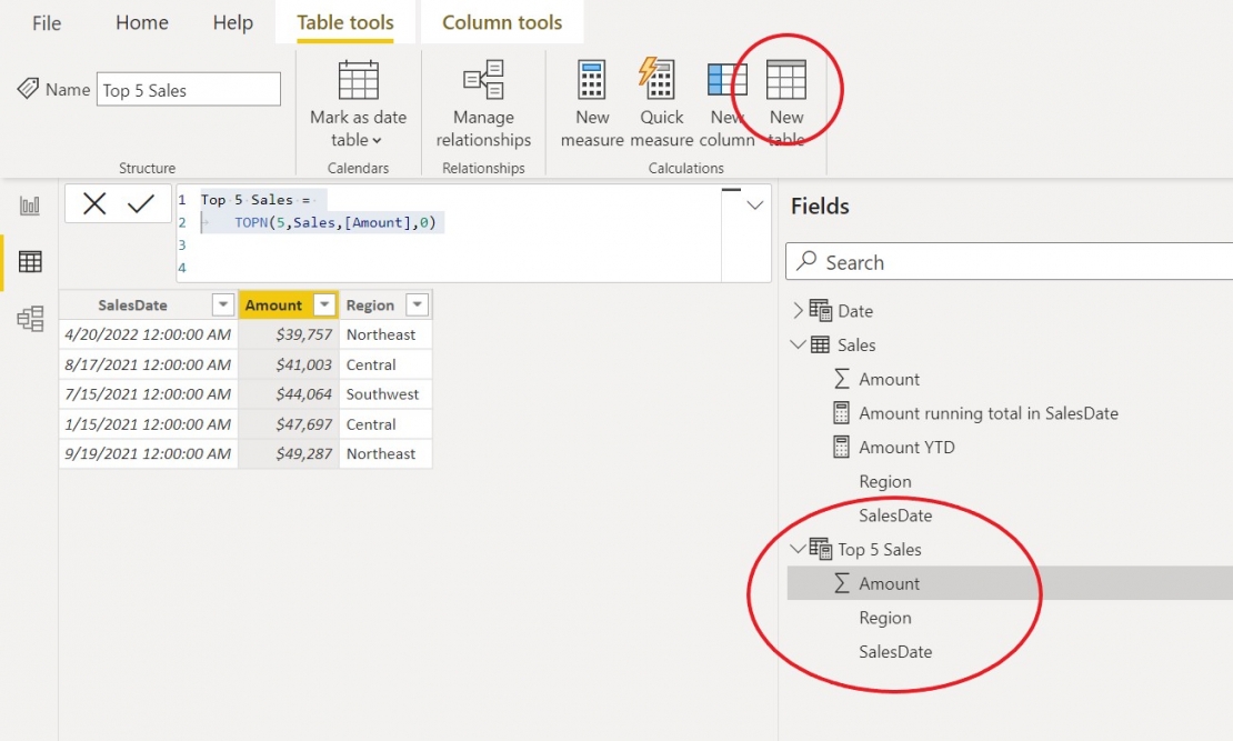 How to create a calculated table of top values in Microsoft Power BI