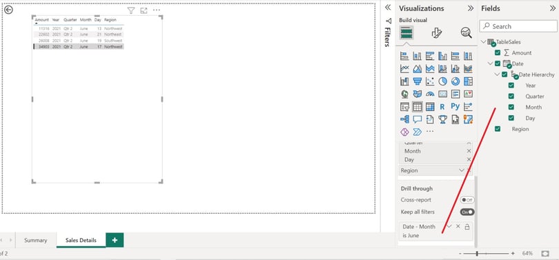 How to add a drill through button to a visual in Microsoft Power BI