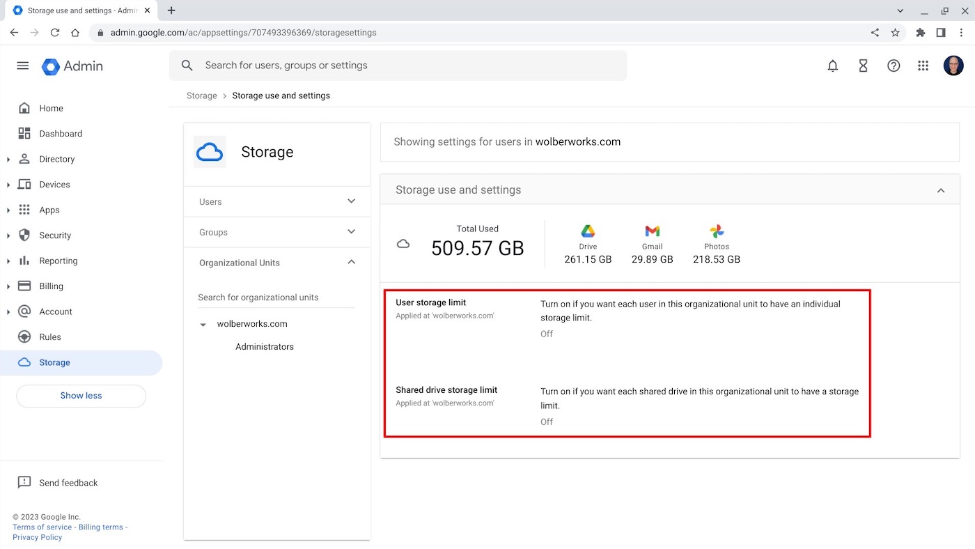 How an Administrator may monitor Google Workspace storage