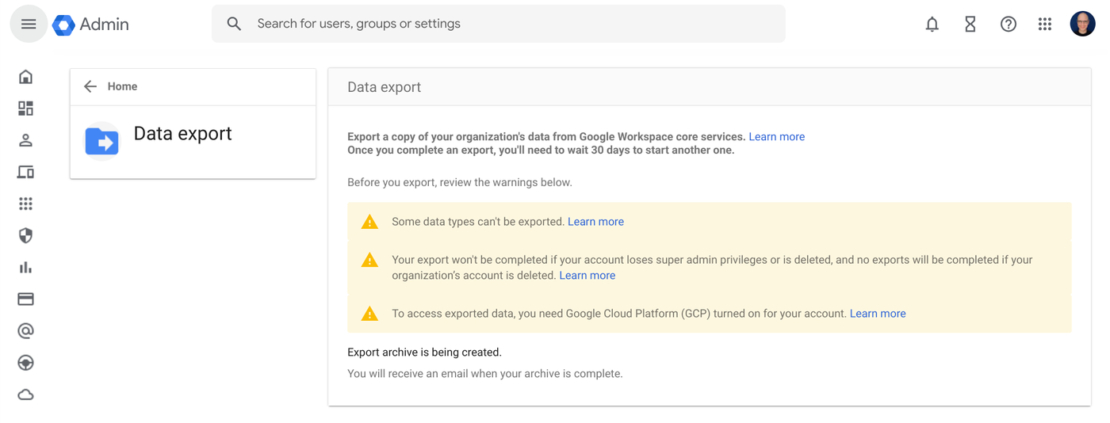 How to export Google Workspace data for your organization