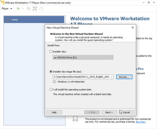 Create a Windows 11 virtual machine with VMware Workstation Player