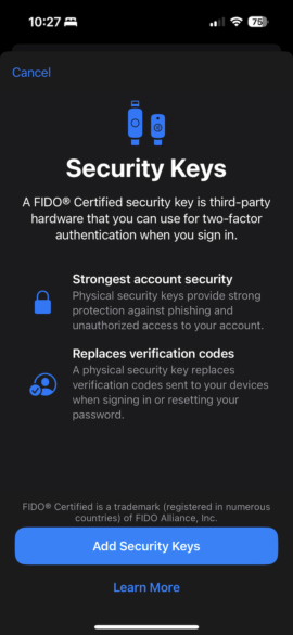 Setting up security keys for Apple accounts