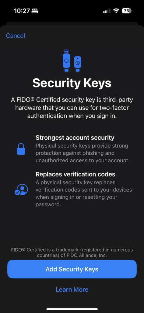 Setting up security keys for Apple accounts