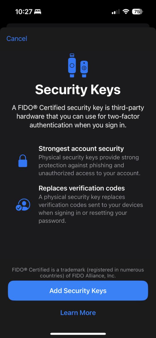 Setting up security keys for Apple accounts