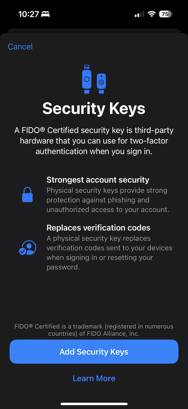 Setting up security keys for Apple accounts