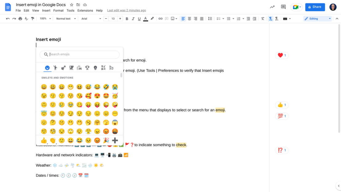 How to add emoji in Google Docs