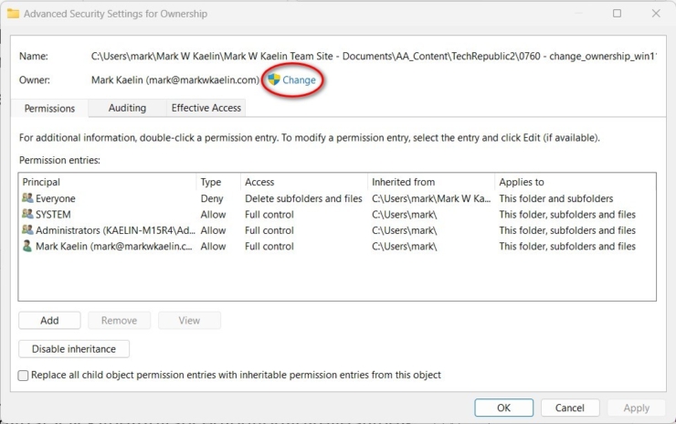 How to change ownership and control of files and folders in Windows 11