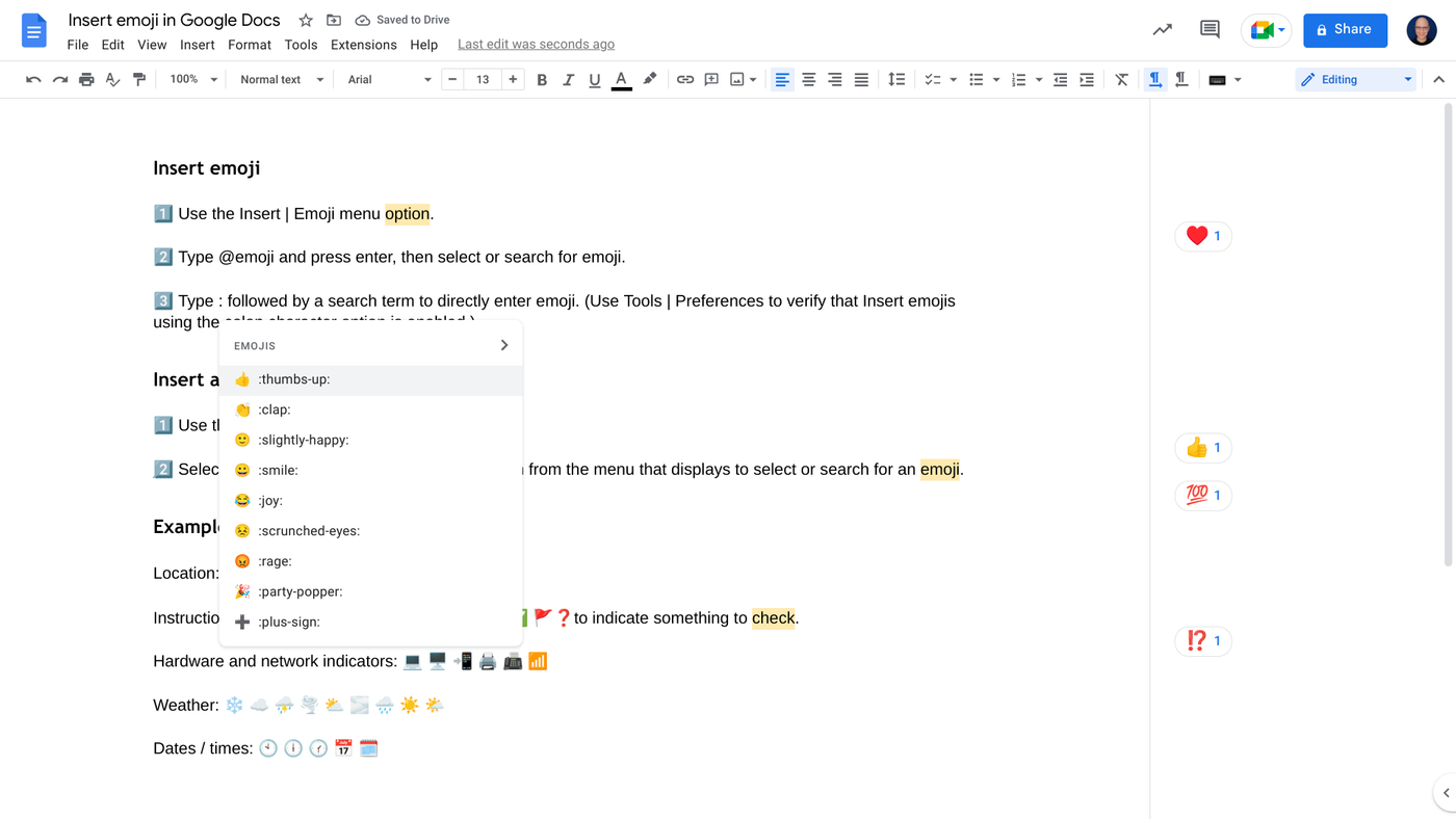 How to add emoji in Google Docs