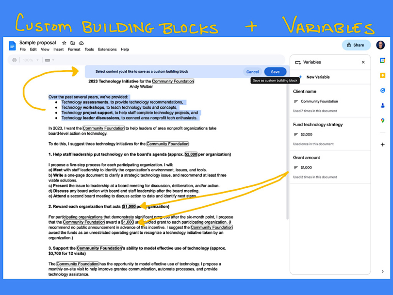 How to Use Custom Building Blocks & Variables in Google Docs