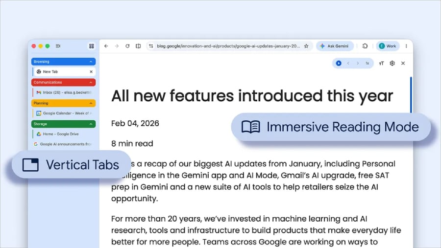 Google Chrome Adds Vertical Tabs, Improved Reading Mode in New Update